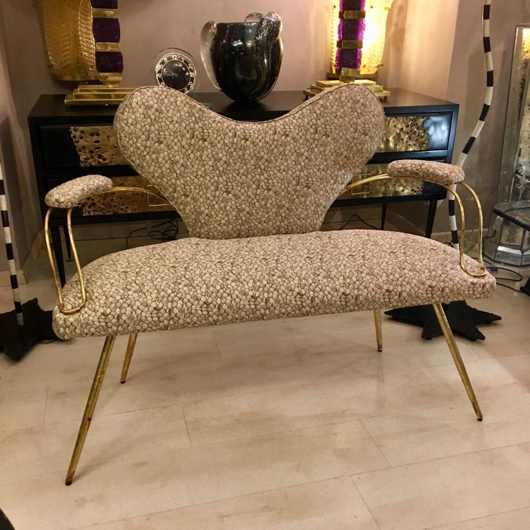 Italian Heart Shaped Small Padded Sofa Metal Golden Leaf, 1950s at 1stDibs