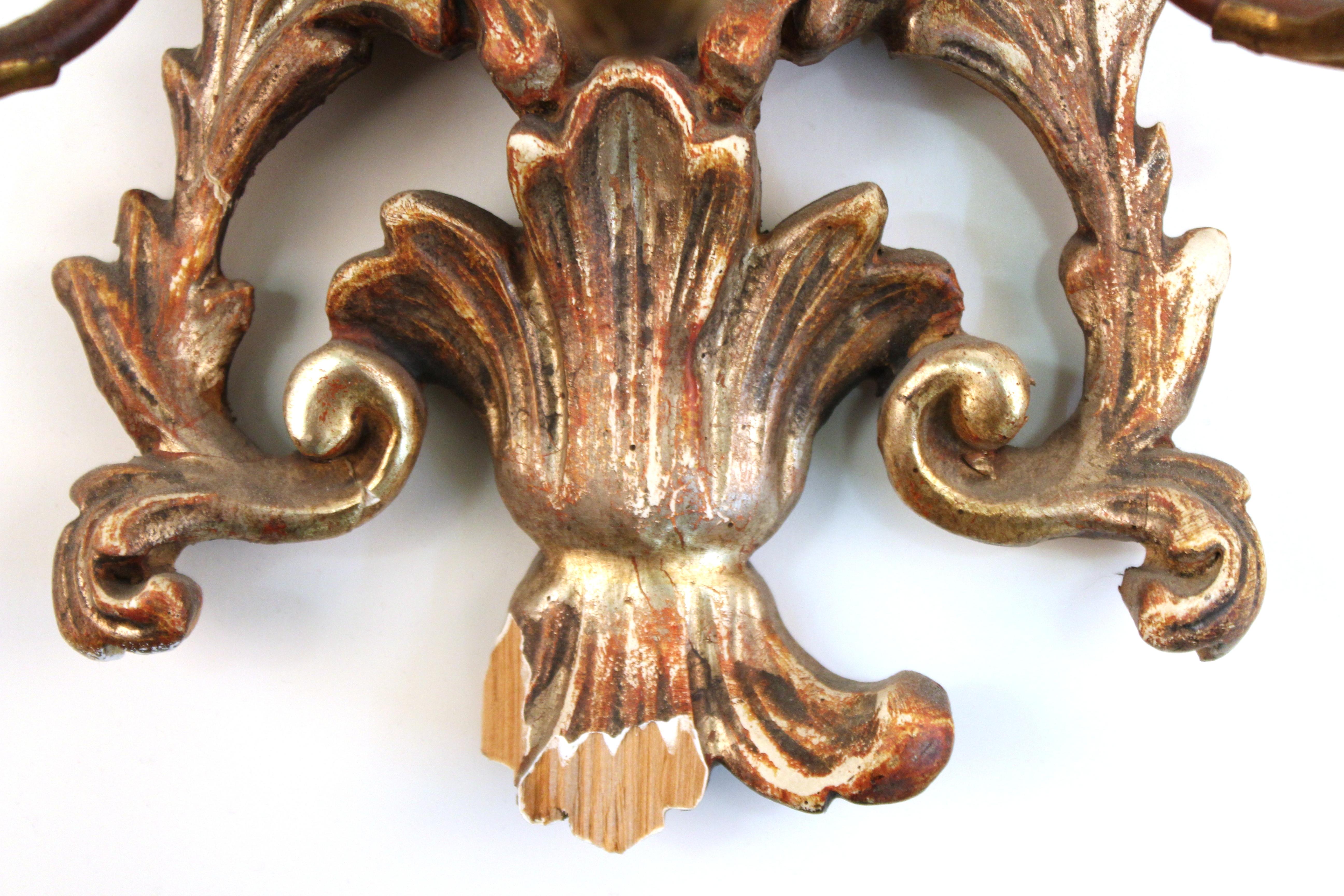 Italian Hollywood Regency Carved Wood Floral Sconce For Sale at 1stDibs