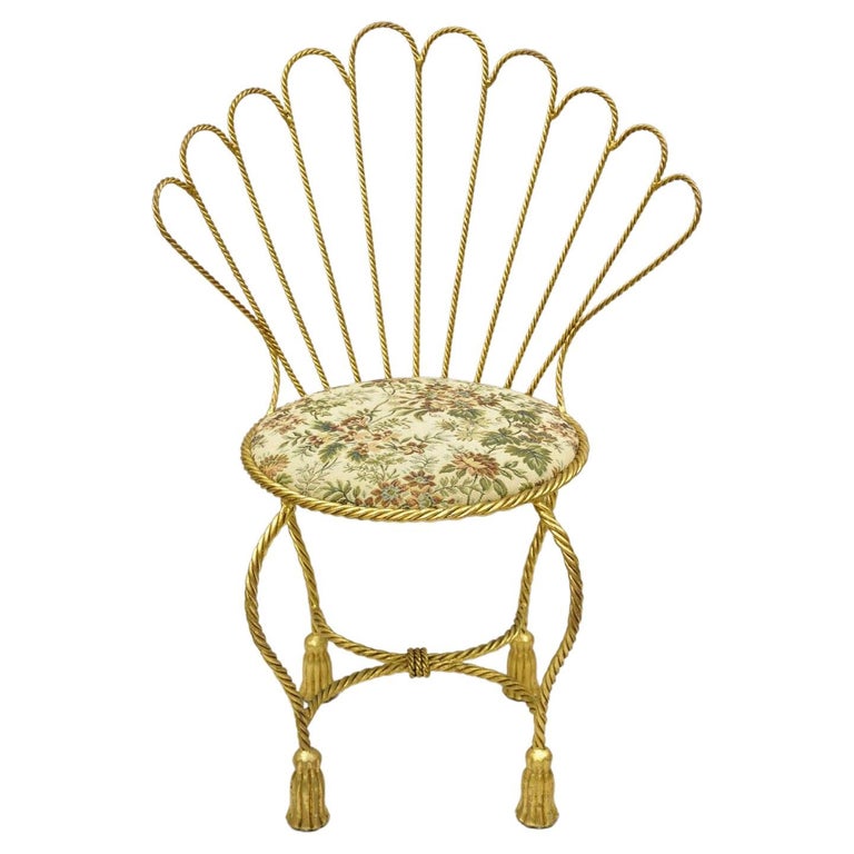 Italian Hollywood Regency Gold Gilt Iron Fan Rope Back Vanity Chair ...