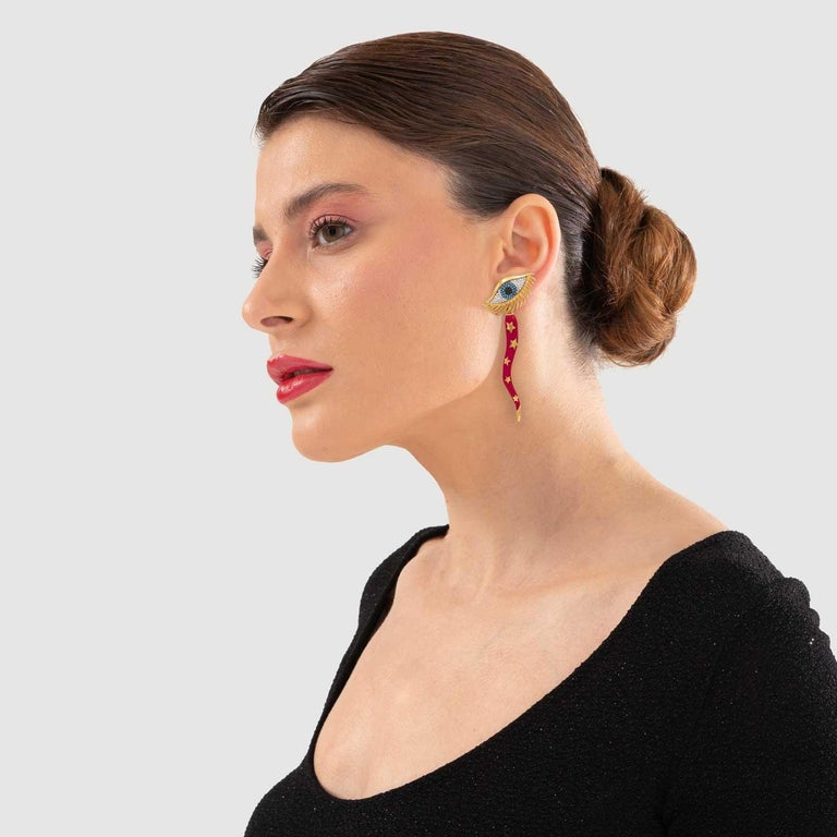 Naimah Italian Horn, Cornicello Evil Eye Earrings, Red Enamel at 1stDibs
