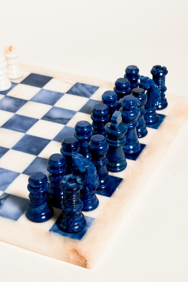 Italian Lapis Blue Alabaster Marble Chess Set at 1stDibs