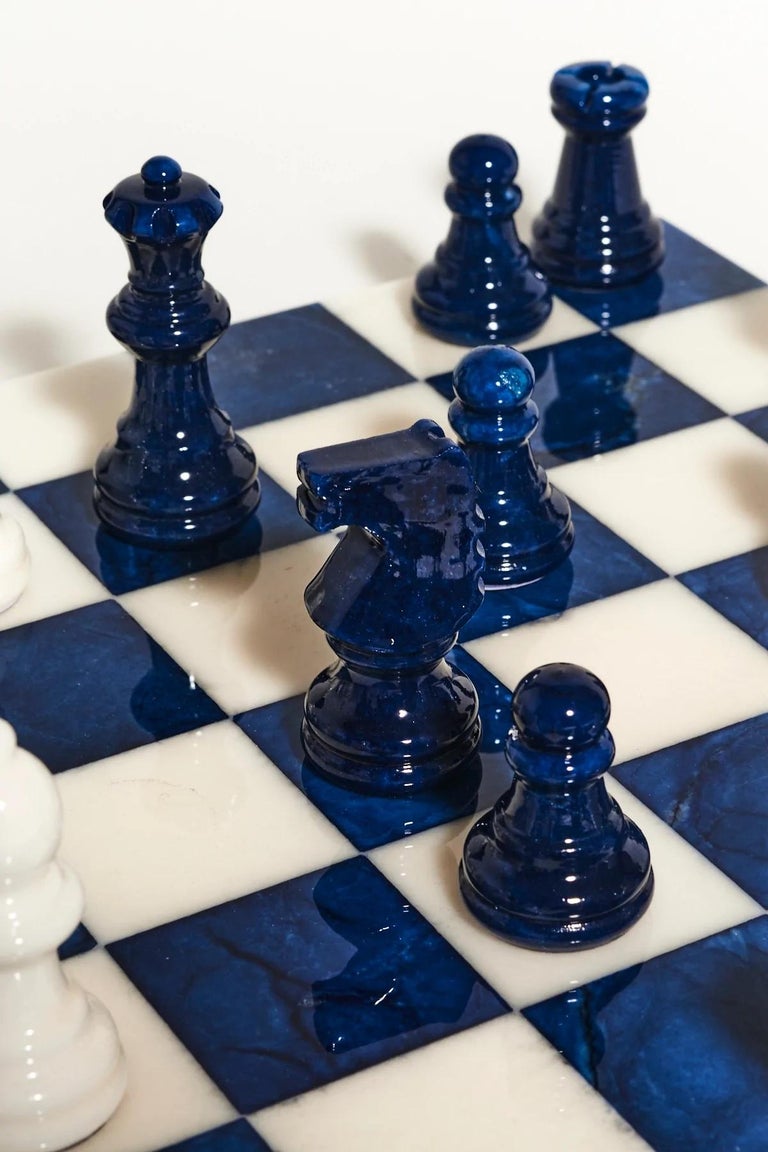 Italian Lapis Blue/White Large Alabaster Marble Chess Set For Sale at ...