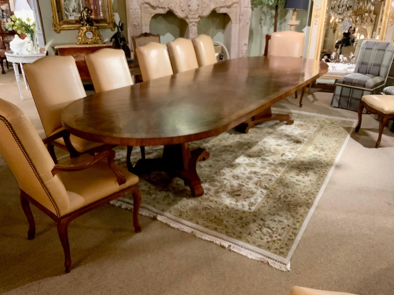 Italian Large Oval Dining Table with Two Pedestals 12 Leather High Back Chairs