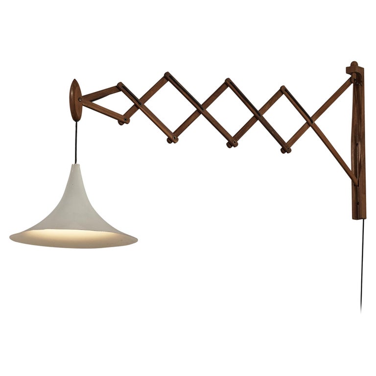 Italian Large Scissor Wall Light in Teak and White Coated Aluminum For ...