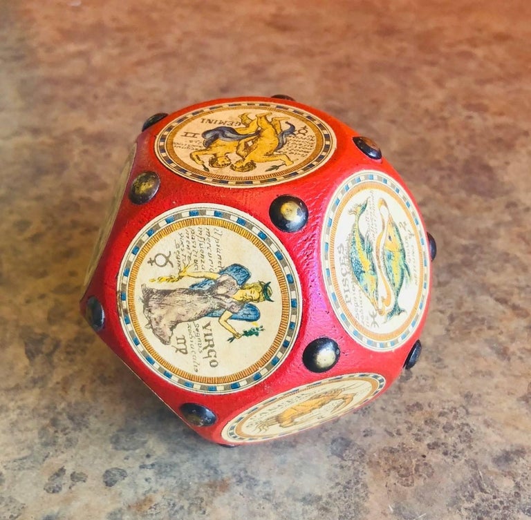 Italian Leather and Wood Zodiac Signs Dodecahedron Paperweight at 1stDibs