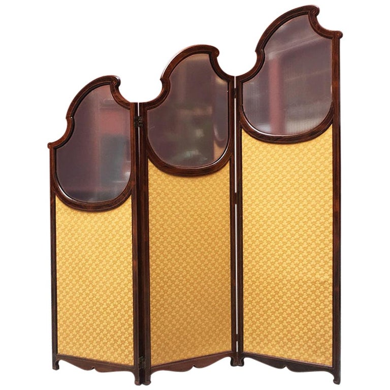 Italian Liberty Walnut and Glass Screen with Three Doors, 1900s at 1stDibs
