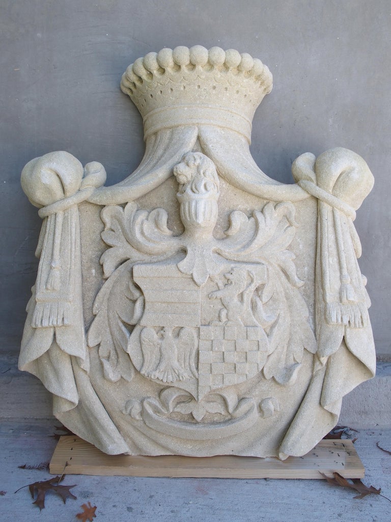 Italian Limestone Coat of Arms with Crown and Drapery at 1stDibs