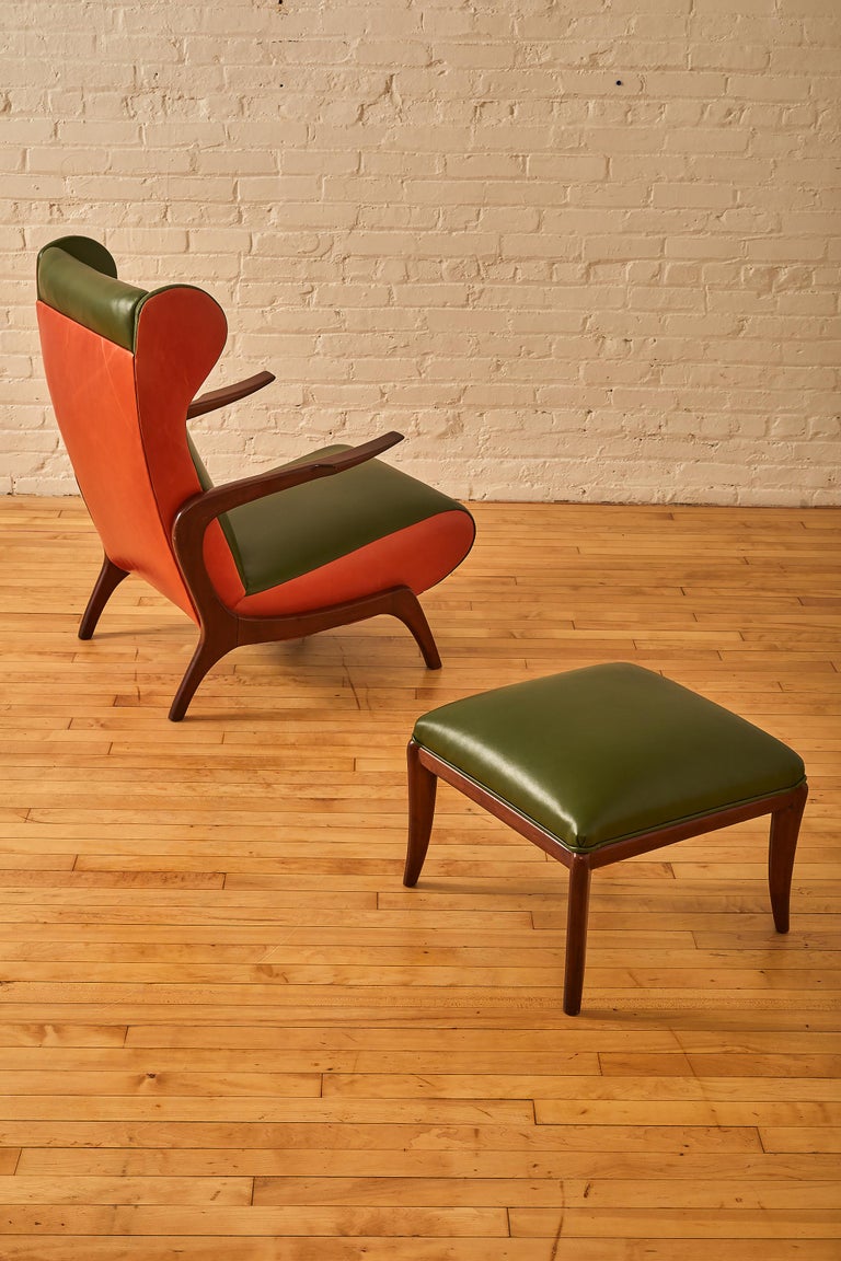 Italian Lounge Chair and Ottoman in Two Tone Leather For Sale at 1stDibs