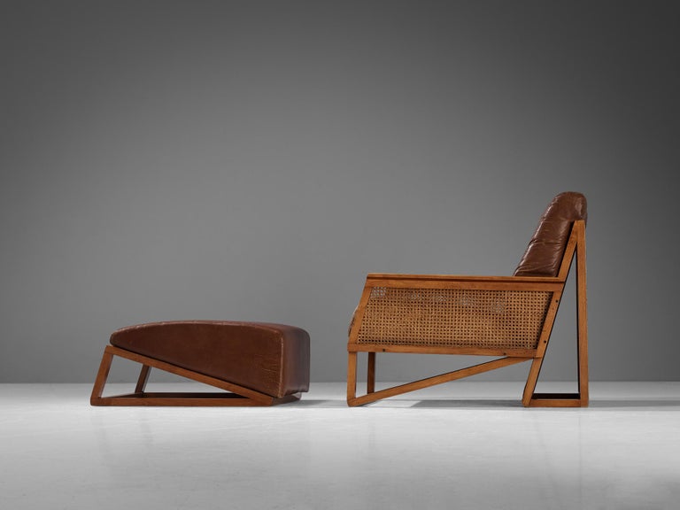 Italian Lounge Chair and Ottoman in Wood and Cane Webbing For Sale at ...