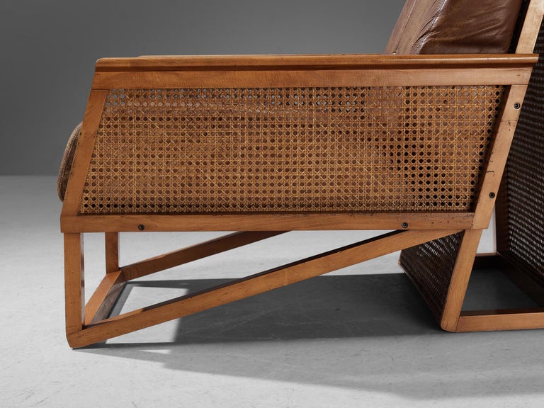 Italian Lounge Chair and Ottoman in Wood and Cane Webbing For Sale at ...