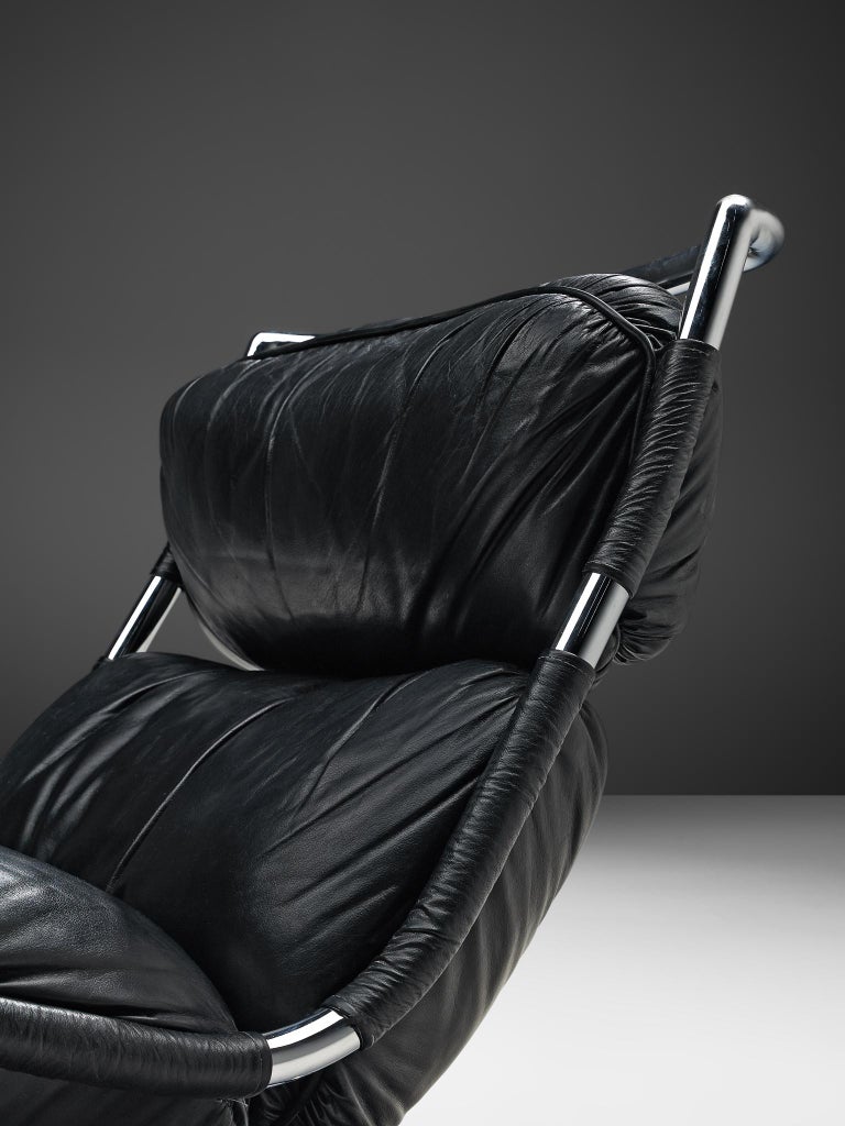 Italian Lounge Chair with Ottoman in Black Leather and Tubular Steel ...