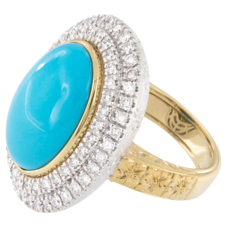 Italian Made 18 Karat Yellow Gold Persian Turquoise and 1.34 Ctt ...