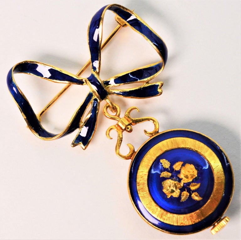 Italian Made Gold Watch Brooch with Blue Enamel Accents For Sale at 1stDibs
