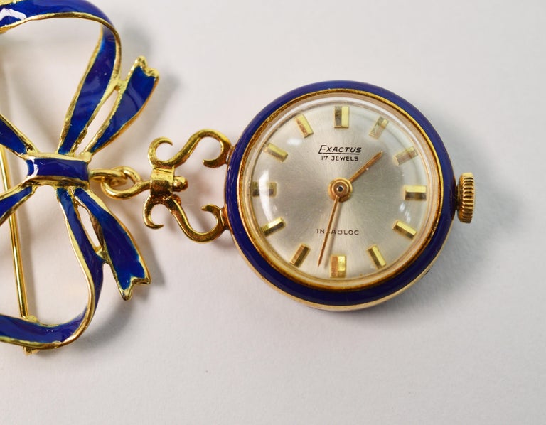 Italian Made Gold Watch Brooch with Blue Enamel Accents For Sale at 1stDibs