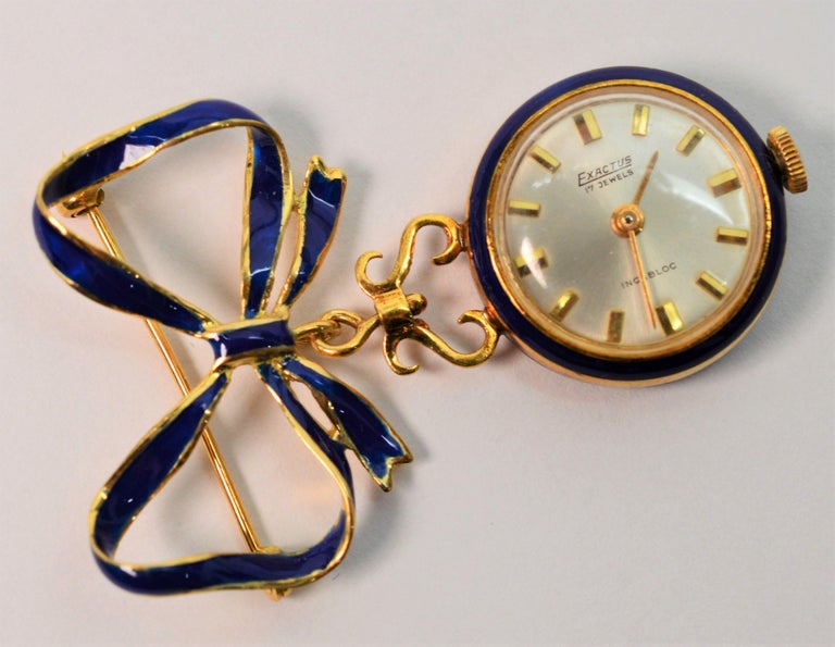 Italian Made Gold Watch Brooch with Blue Enamel Accents For Sale at 1stDibs