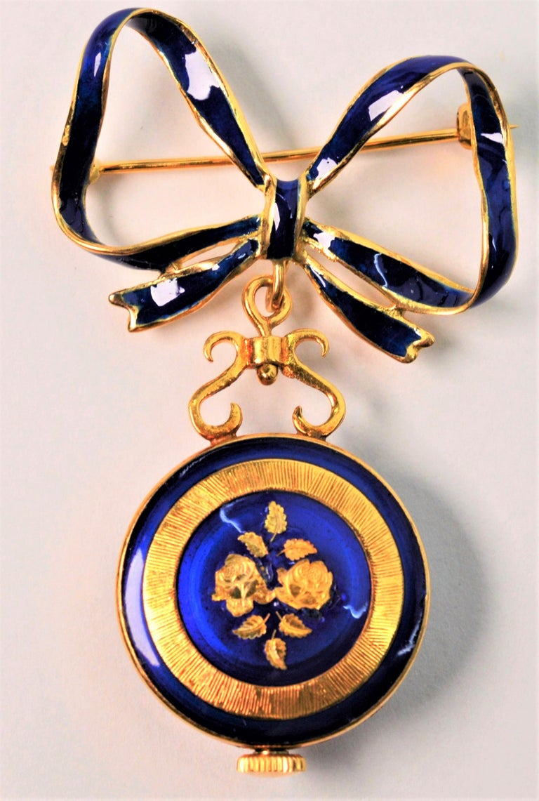 Italian Made Gold Watch Brooch with Blue Enamel Accents For Sale at 1stDibs