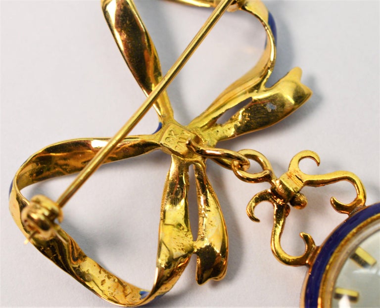 Italian Made Gold Watch Brooch with Blue Enamel Accents For Sale at 1stDibs