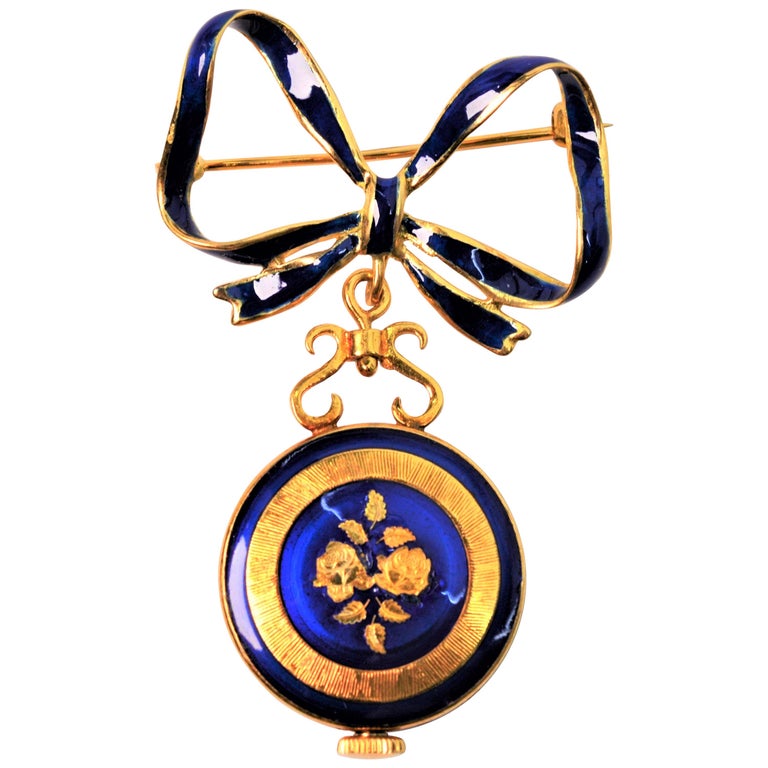 Italian Made Gold Watch Brooch with Blue Enamel Accents For Sale at 1stDibs