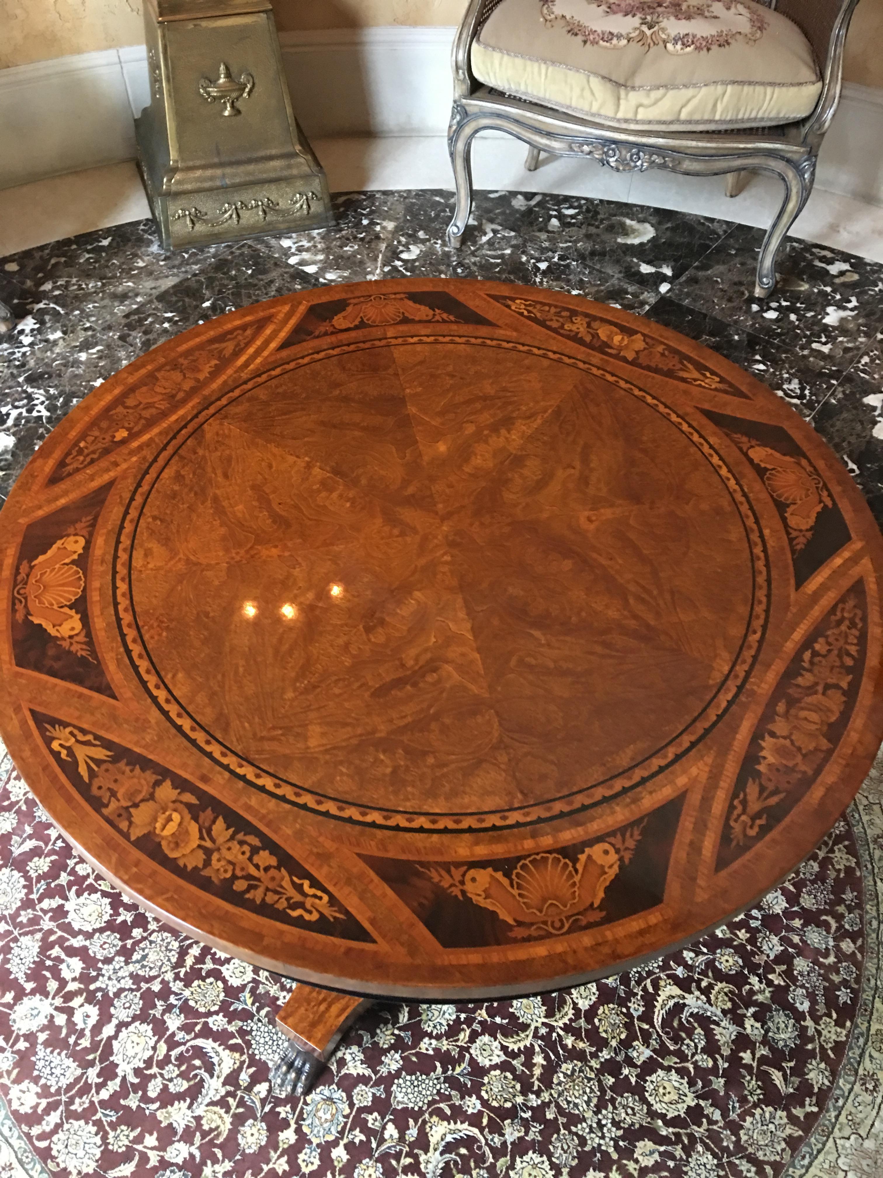 Italian Mahogany Marquetry Round Center Table on a Turned Pedestal ...