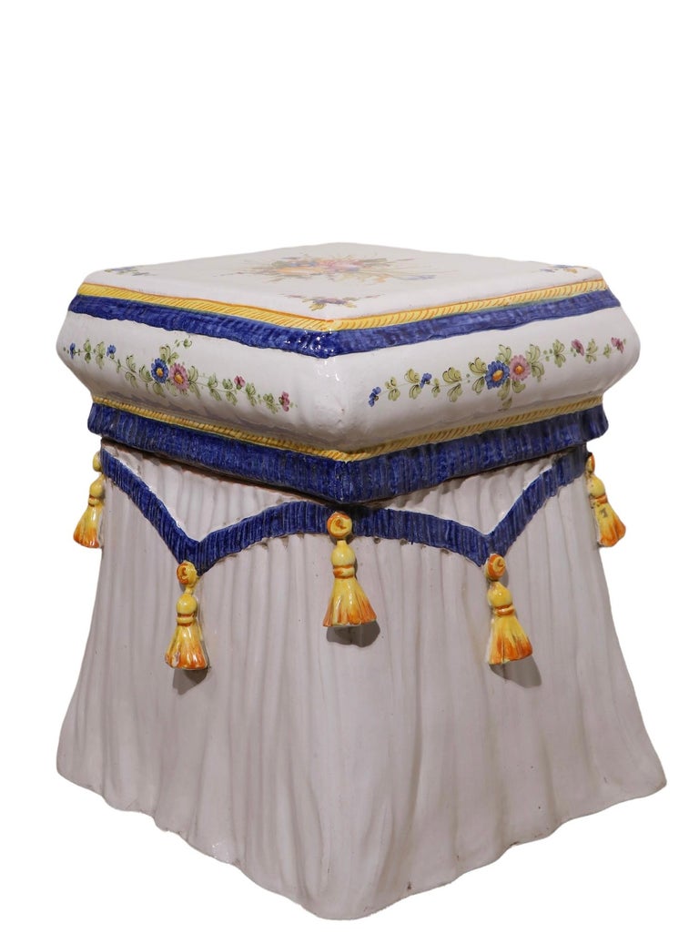 Italian Majolica Ceramic Garden Seat Pouf Side Table For Sale at 1stDibs