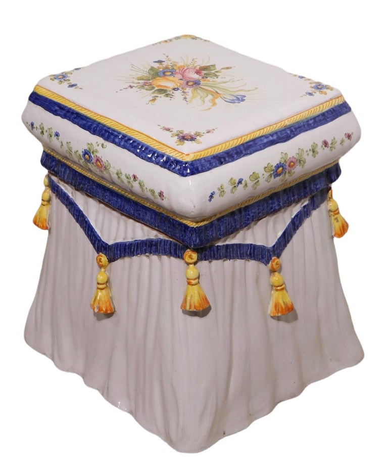 Italian Majolica Ceramic Garden Seat Pouf Side Table For Sale at 1stDibs