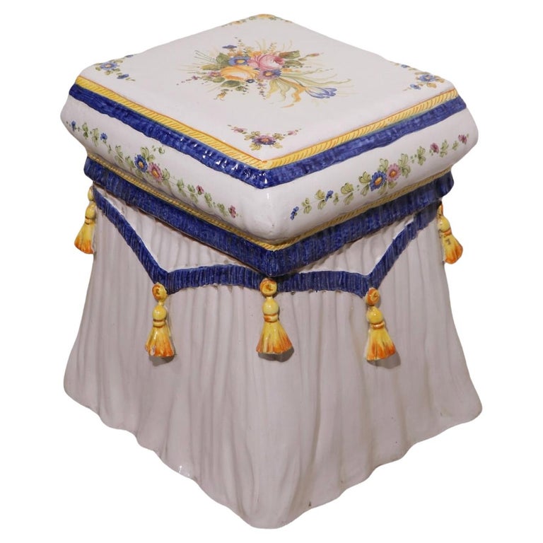 Italian Majolica Ceramic Garden Seat Pouf Side Table For Sale at 1stDibs