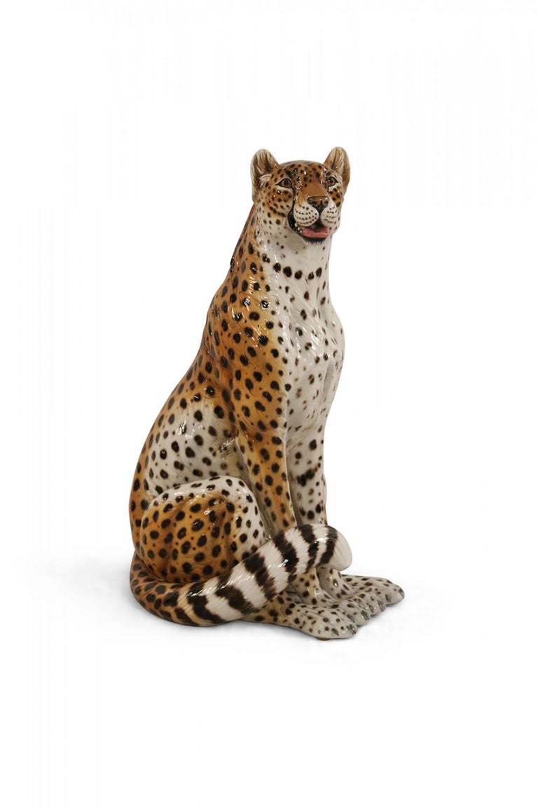Italian Majolica Seated Leopard Statue at 1stDibs