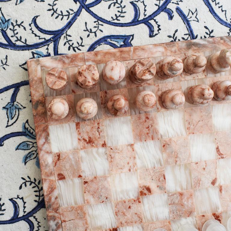 Italian Marbled Pink and White Quartz Stone Chess Set at 1stDibs