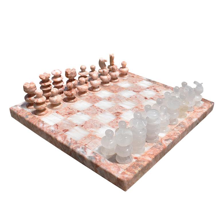 Italian Marbled Pink and White Quartz Stone Chess Set at 1stDibs