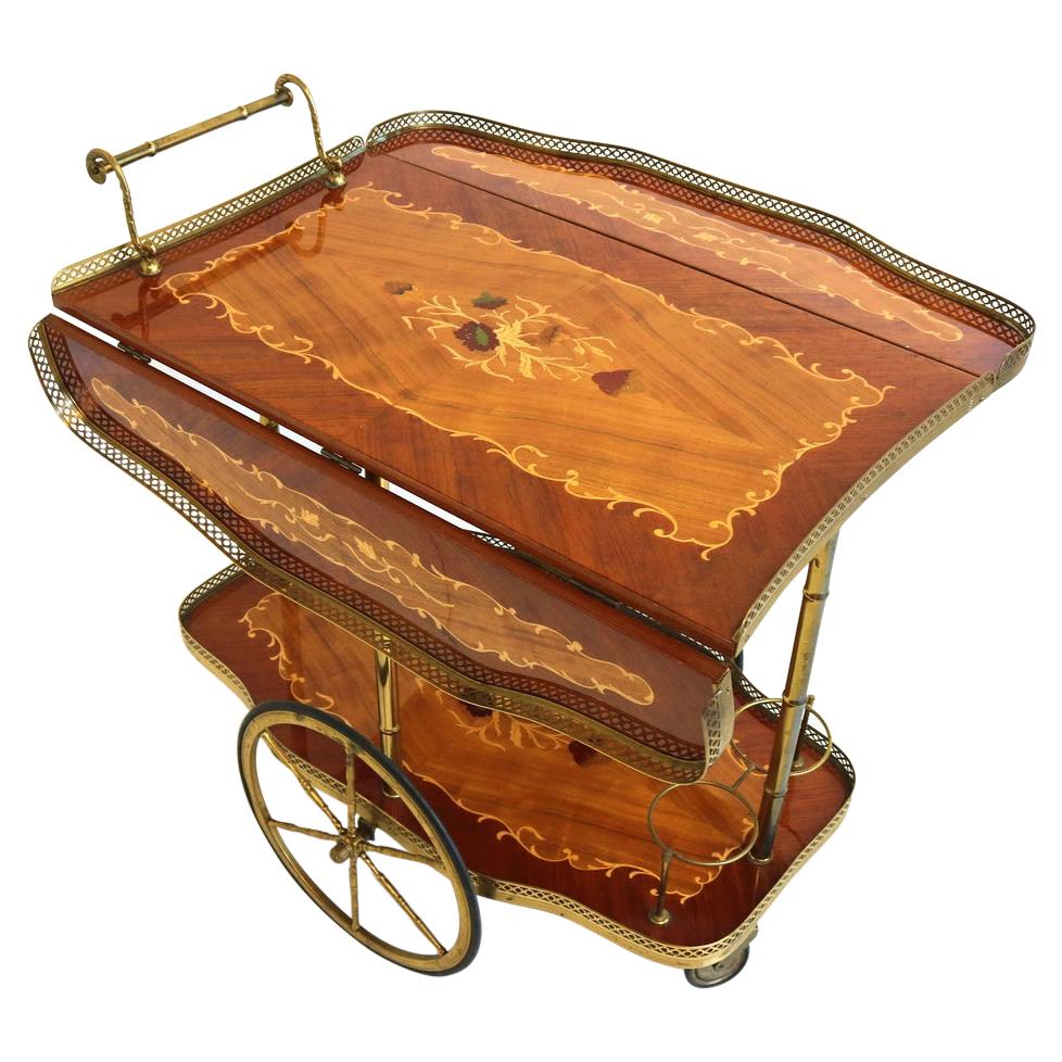 Italian Marquetry Lacquered Drop Leaf Walnut and Brass Bar Cart For ...