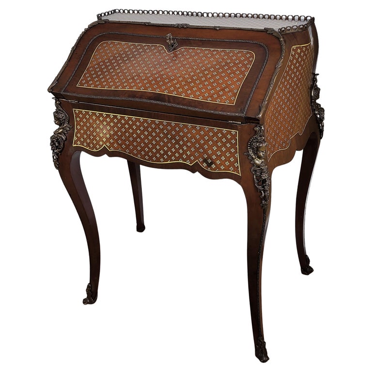 Italian Marquetry Walnut Burl Secretary Slant Front Desk Writing Table ...