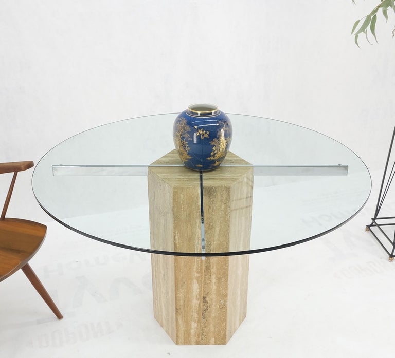 Italian MCM Travertine Hexagon Base Round Glass Top Dining Dinette Table Mint! For Sale at 1stDibs