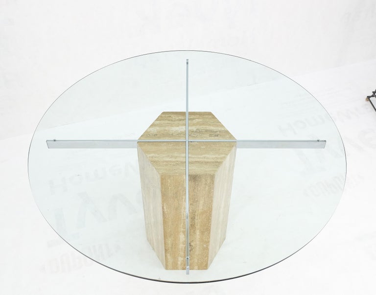 Italian MCM Travertine Hexagon Base Round Glass Top Dining Dinette Table Mint! For Sale at 1stDibs