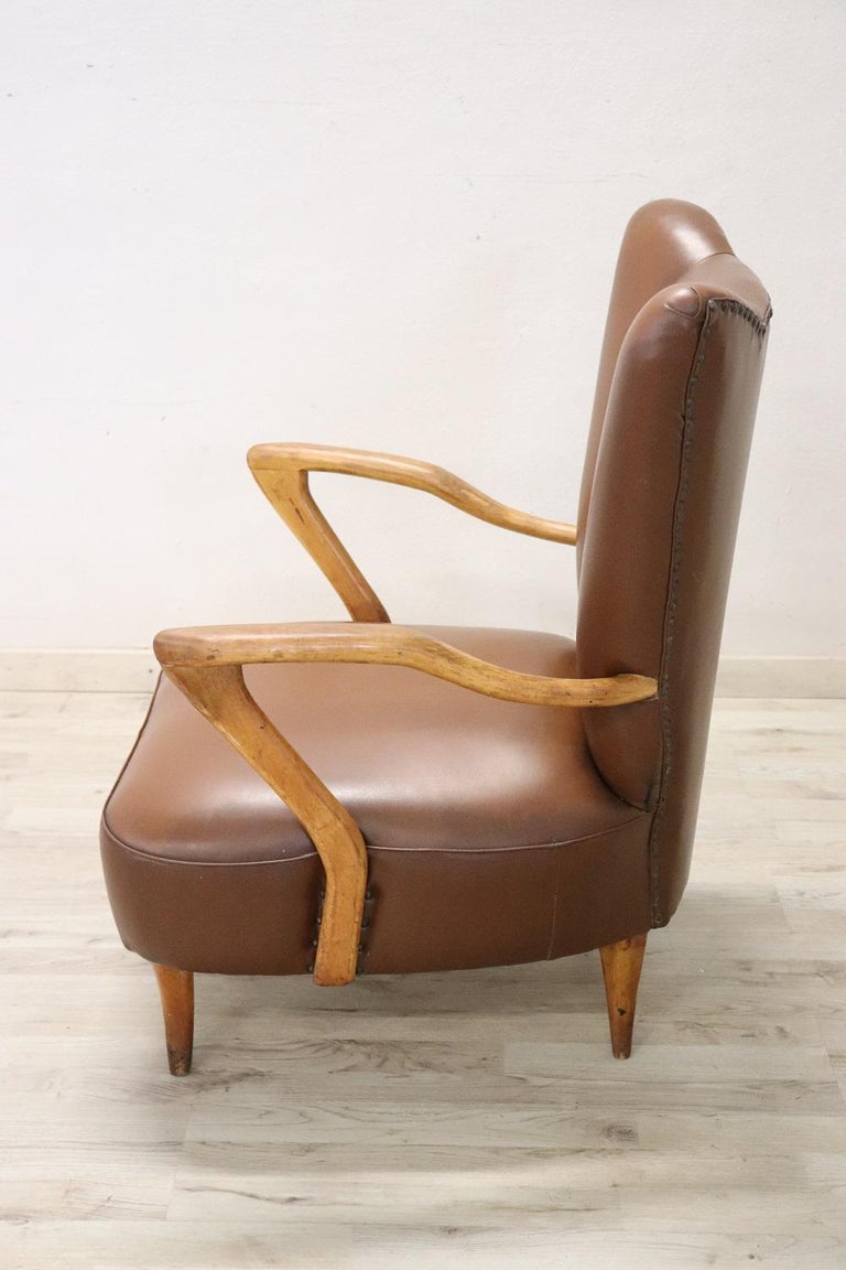 Italian Mid-Century Armchair in Brown Faux Leather For Sale at 1stDibs