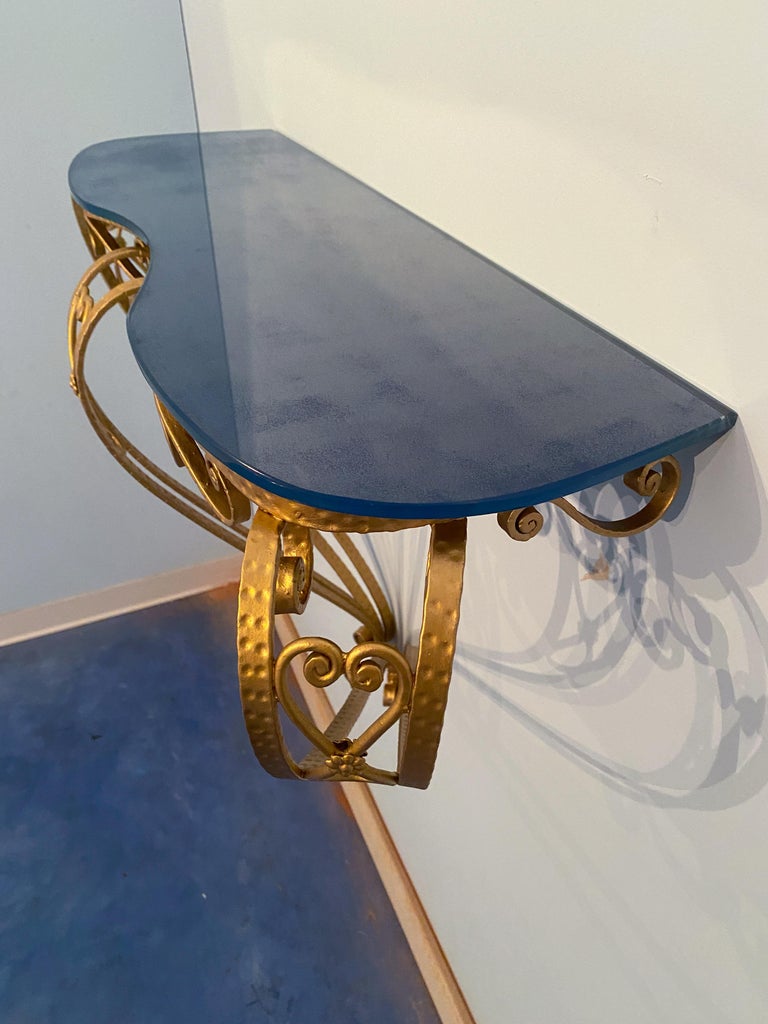 Italian Midcentury Blue Glass Gold Iron Console Table by Pier Luigi ...