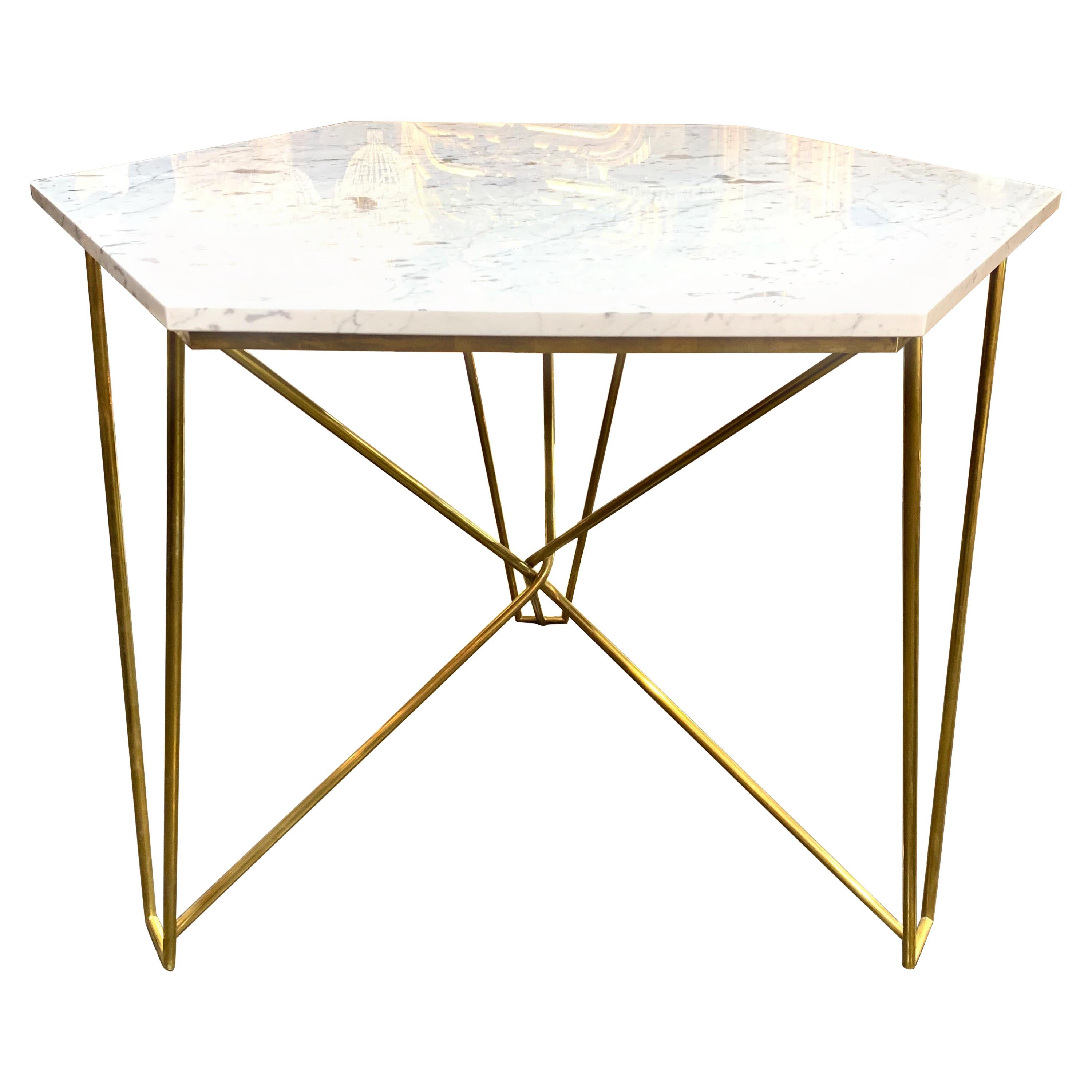 Italian Midcentury Brass Hexagonal Table with Carrara Marble Top at 1stDibs