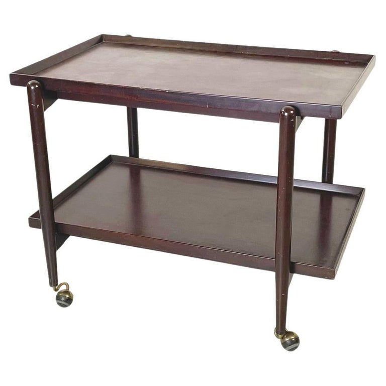Italian Midcentury Dark Wooden Cart with Sliding Shelves and Brass ...