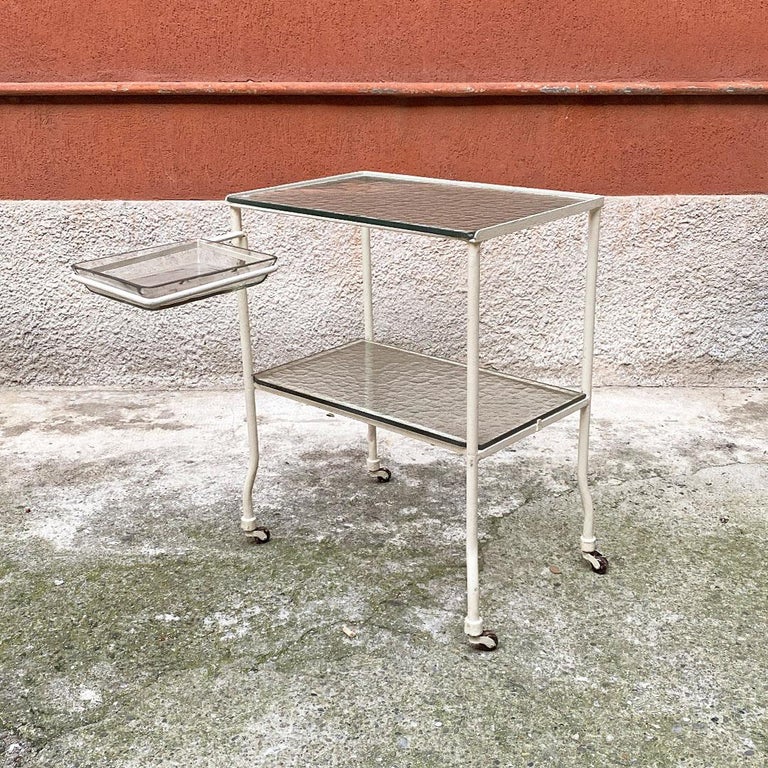 Italian Mid Century Glass and White Metal Laboratory Trolley on Wheels ...