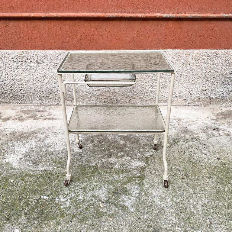 Italian Mid Century Glass and White Metal Laboratory Trolley on Wheels ...