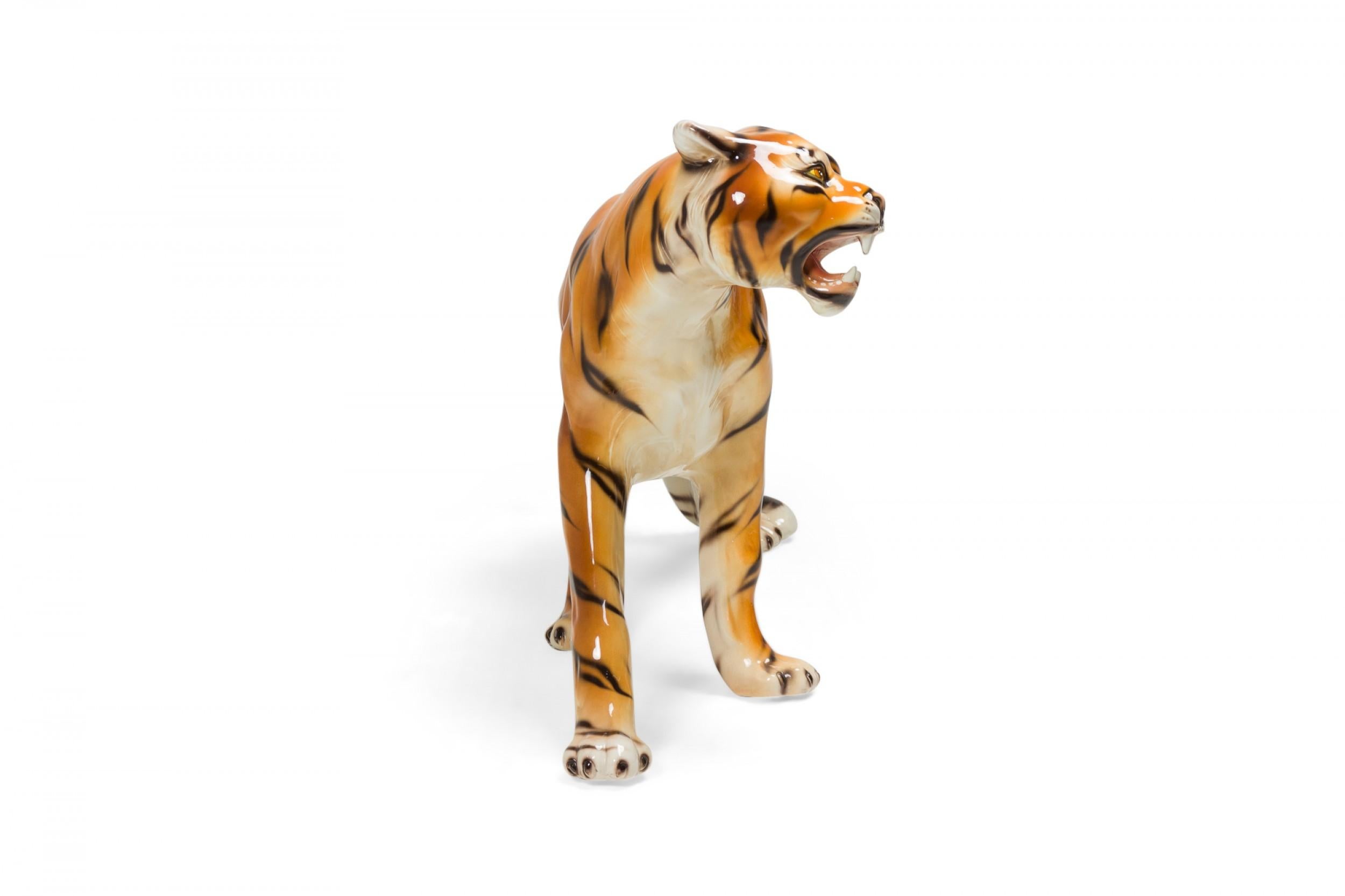 Italian Mid-Century Glazed Porcelain Striding Tiger Sculpture manner of ...