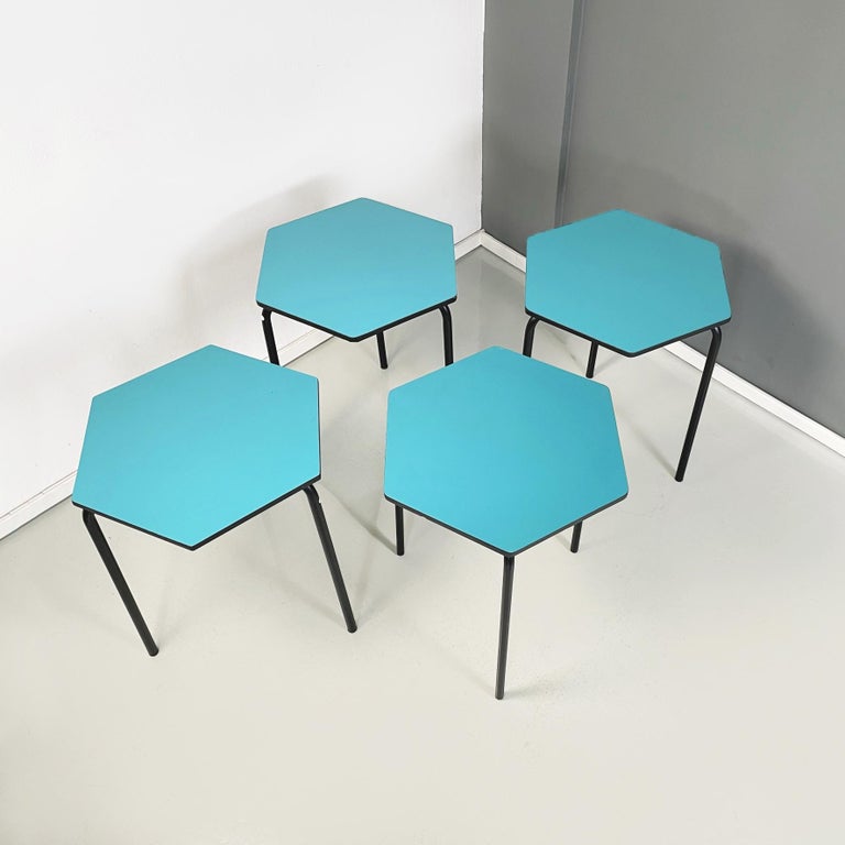 Italian Midcentury Hexagonal Bar Tables in Blue Formica and Black Metal ...