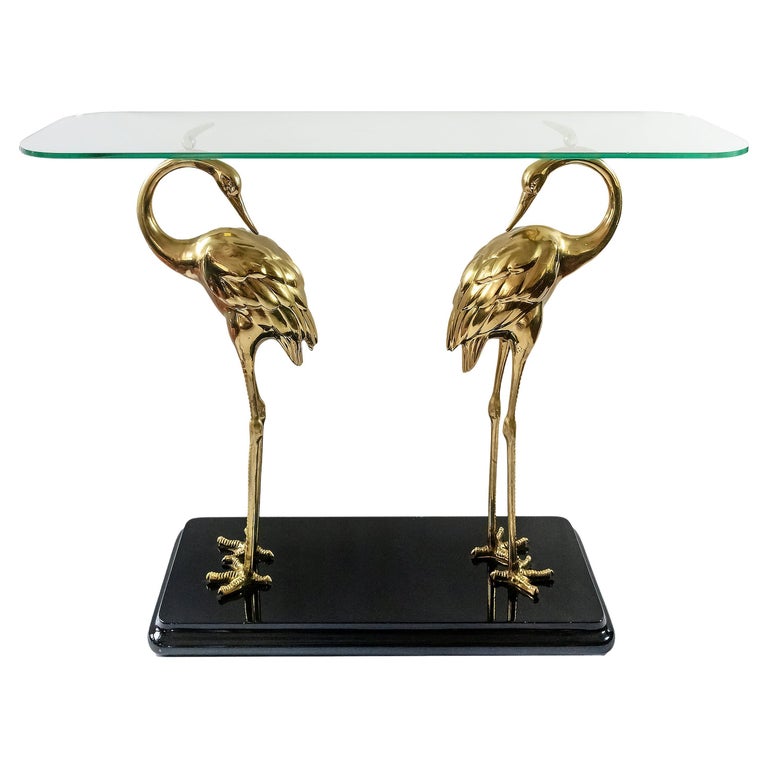 Italian Midcentury Lacquered Wood, Glass and Bronze Console Table with Birds For Sale at 1stDibs