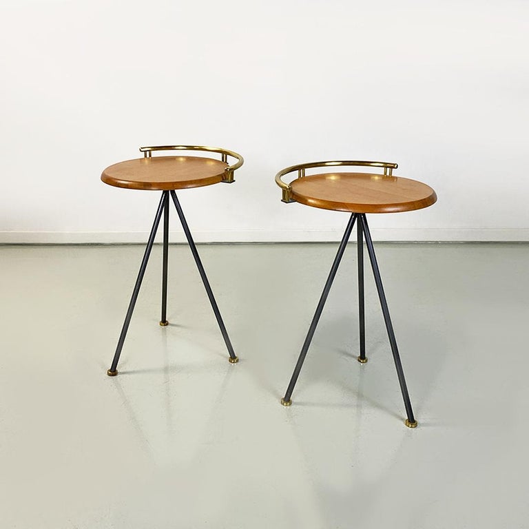 Italian Midcentury Metal Solid Beechwood and Brass Medium Height Stools ...