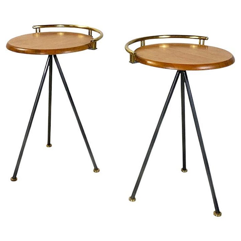 Italian Midcentury Metal Solid Beechwood and Brass Medium Height Stools ...