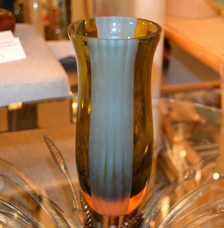 Italian Mid-Century Modern Blue and Amber Art Glass Vase in the Style ...