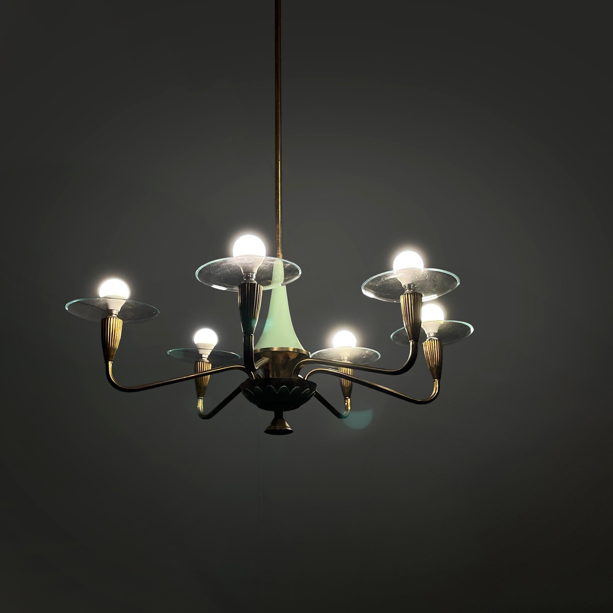 Italian mid-century modern chandelier in brass, glass and green metal ...