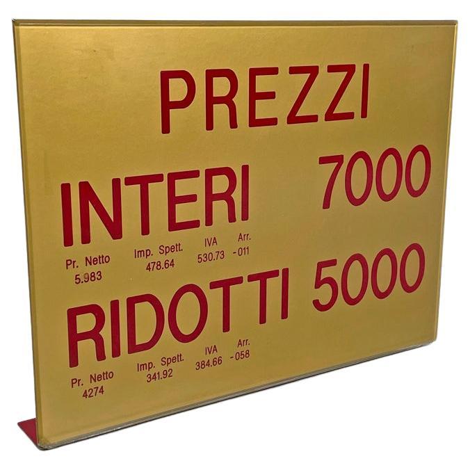 Italian mid-century modern cinema prices sign in golden and red plastic ...