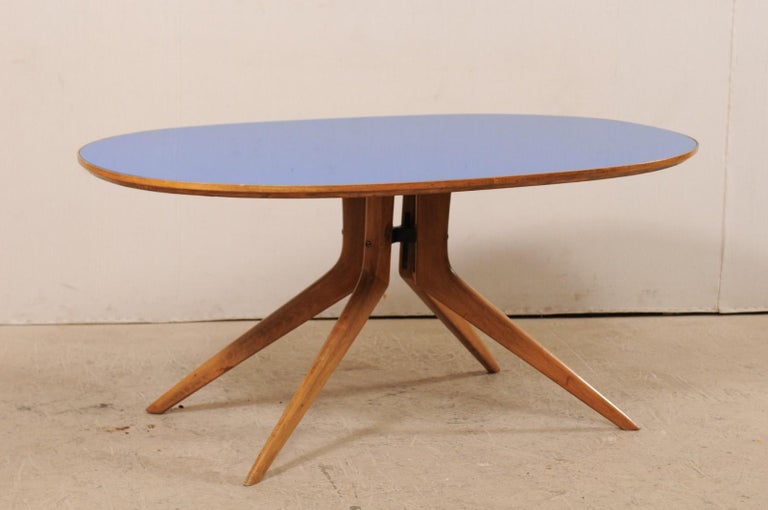 Italian Mid-Century Modern Elliptical Table with Retro Blue Top at 1stDibs