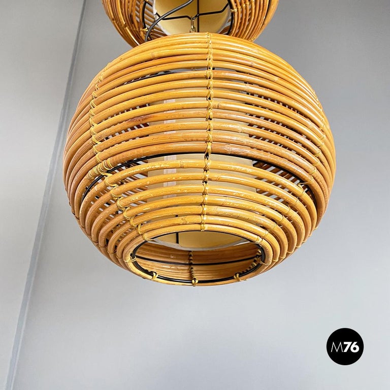 Italian Mid-Century Modern Rattan Chandelier with 3 Spherical Lampshade ...