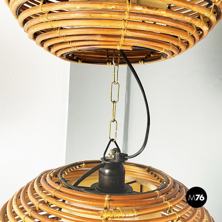 Italian Mid-Century Modern Rattan Chandelier with 3 Spherical Lampshade ...